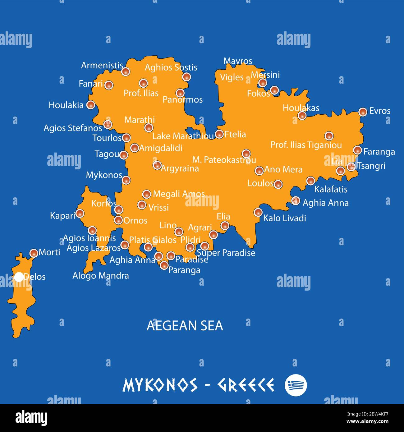 Isola di mykonos in Grecia mappa arancione e sfondo blu Immagine e ...