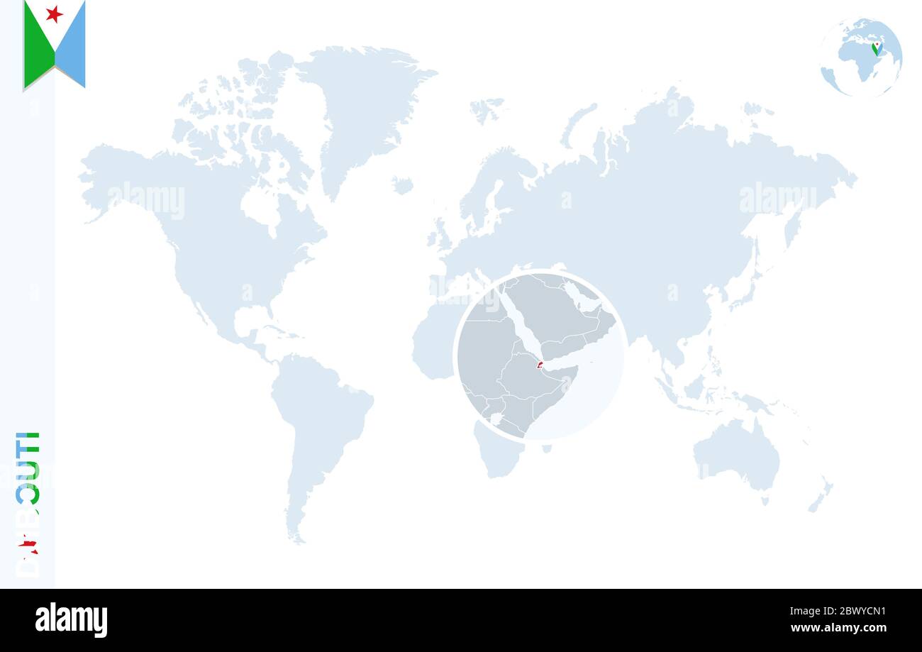 Mappa del mondo con ingrandimento su Gibuti. Globo blu con bandiera ...