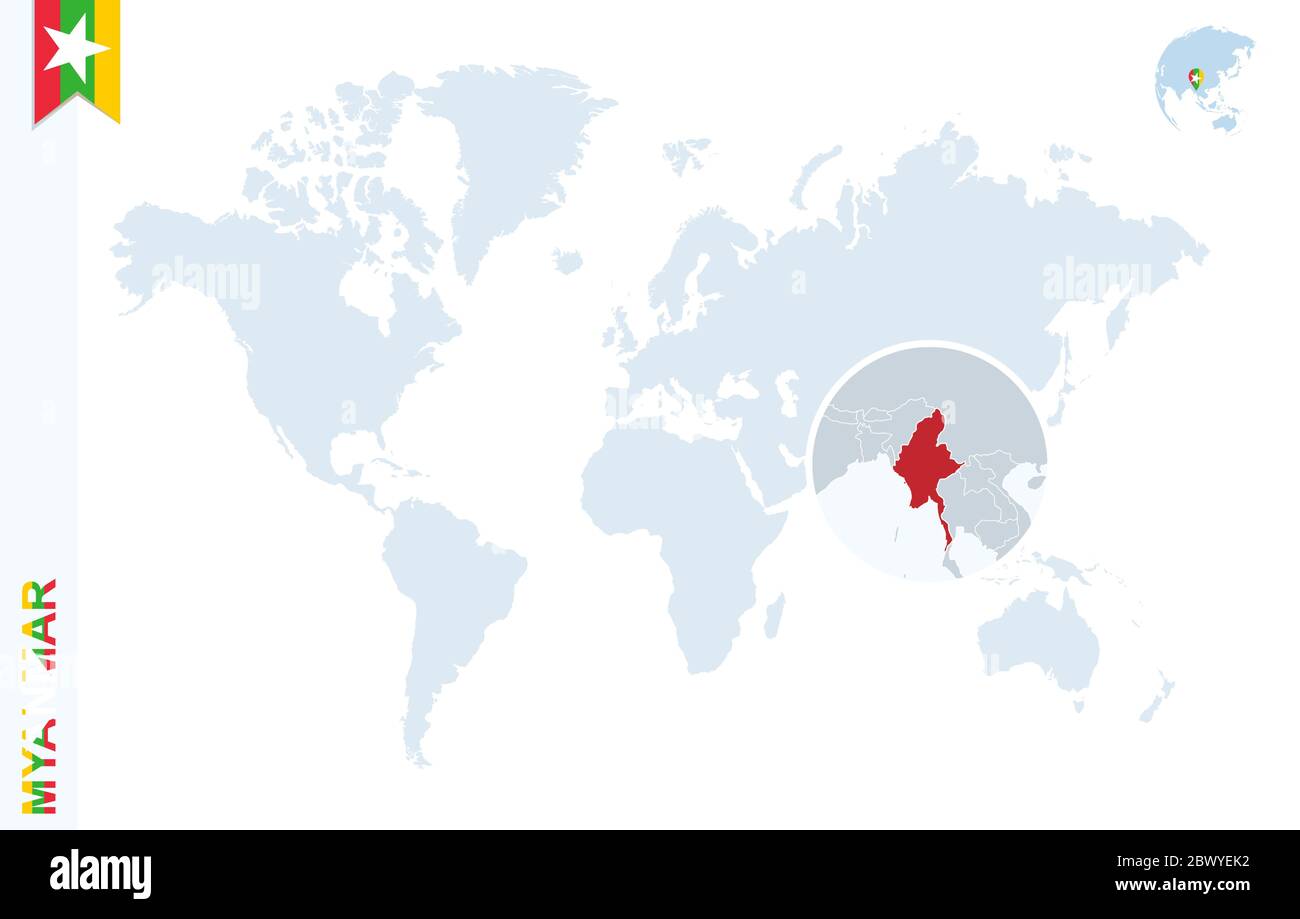 Mappa del mondo con ingrandimento su Myanmar. Globo blu con bandiera ...
