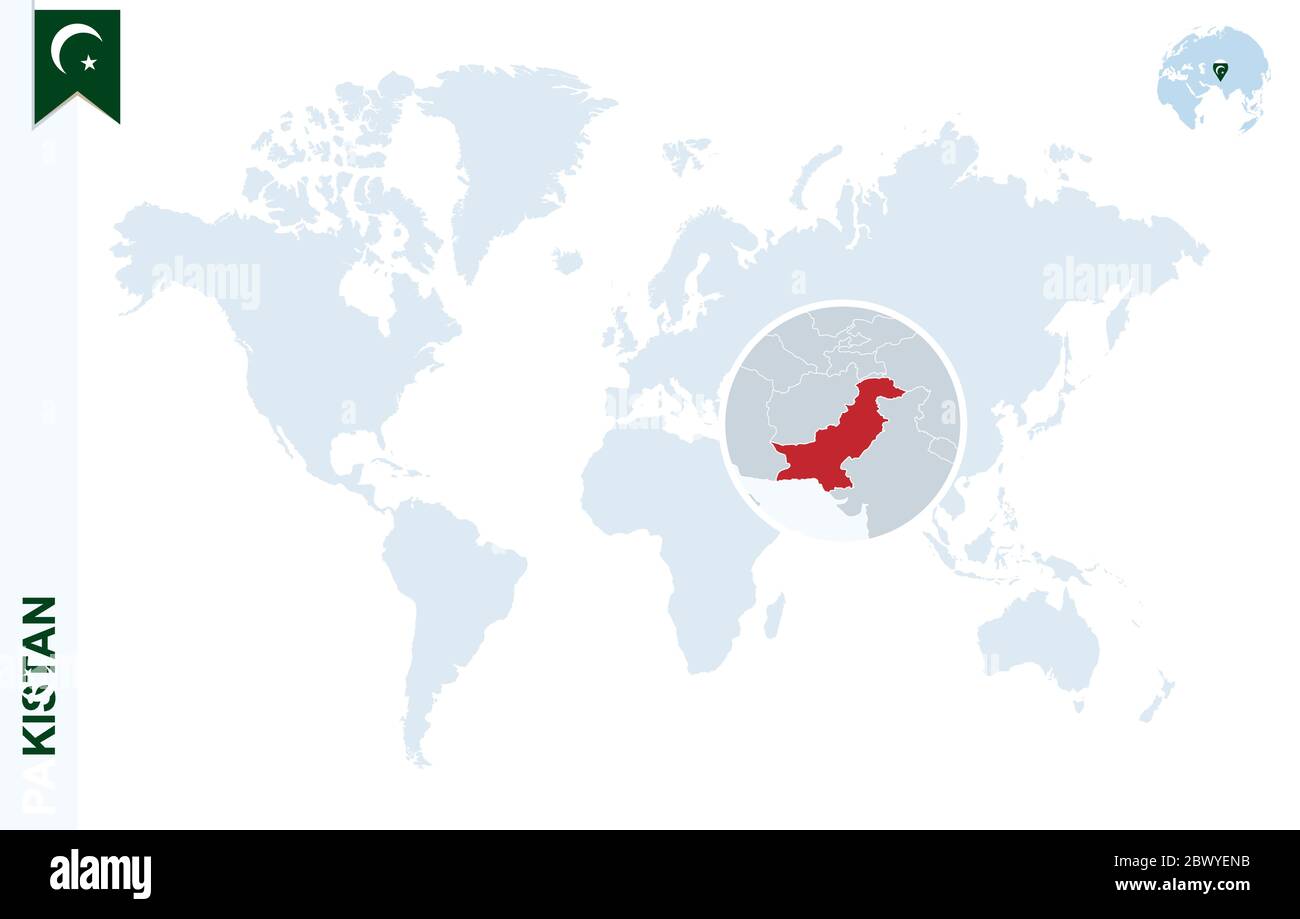 Mappa del mondo con ingrandimento sul Pakistan. Globo blu di terra con ...