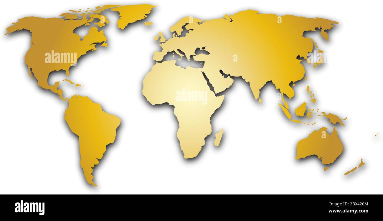 Mappa del mondo d'oro silhoutte. Design simile a un metallo con ombra ...