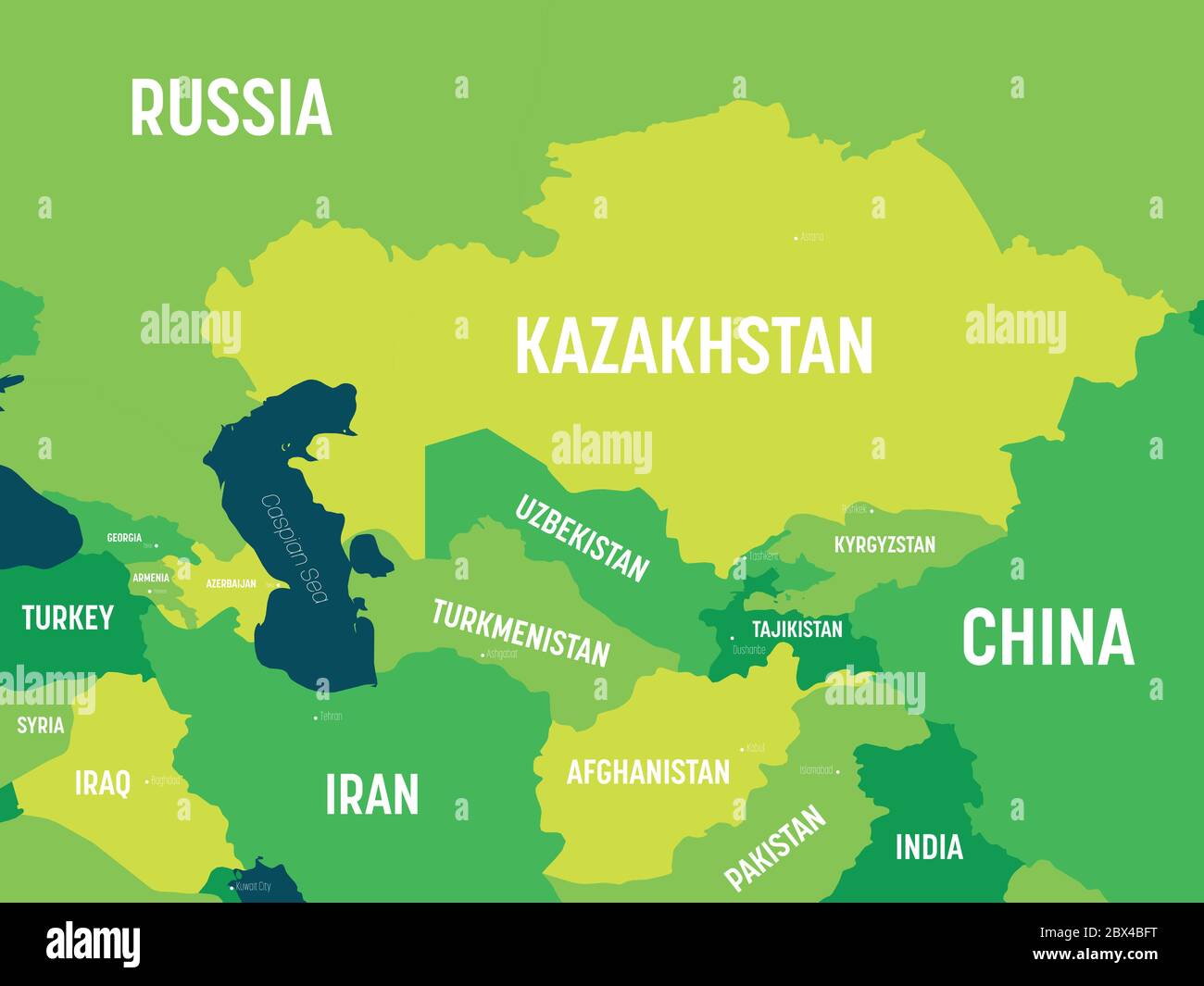 Mappa Asia centrale - colore verde su sfondo scuro. Mappa politica ...