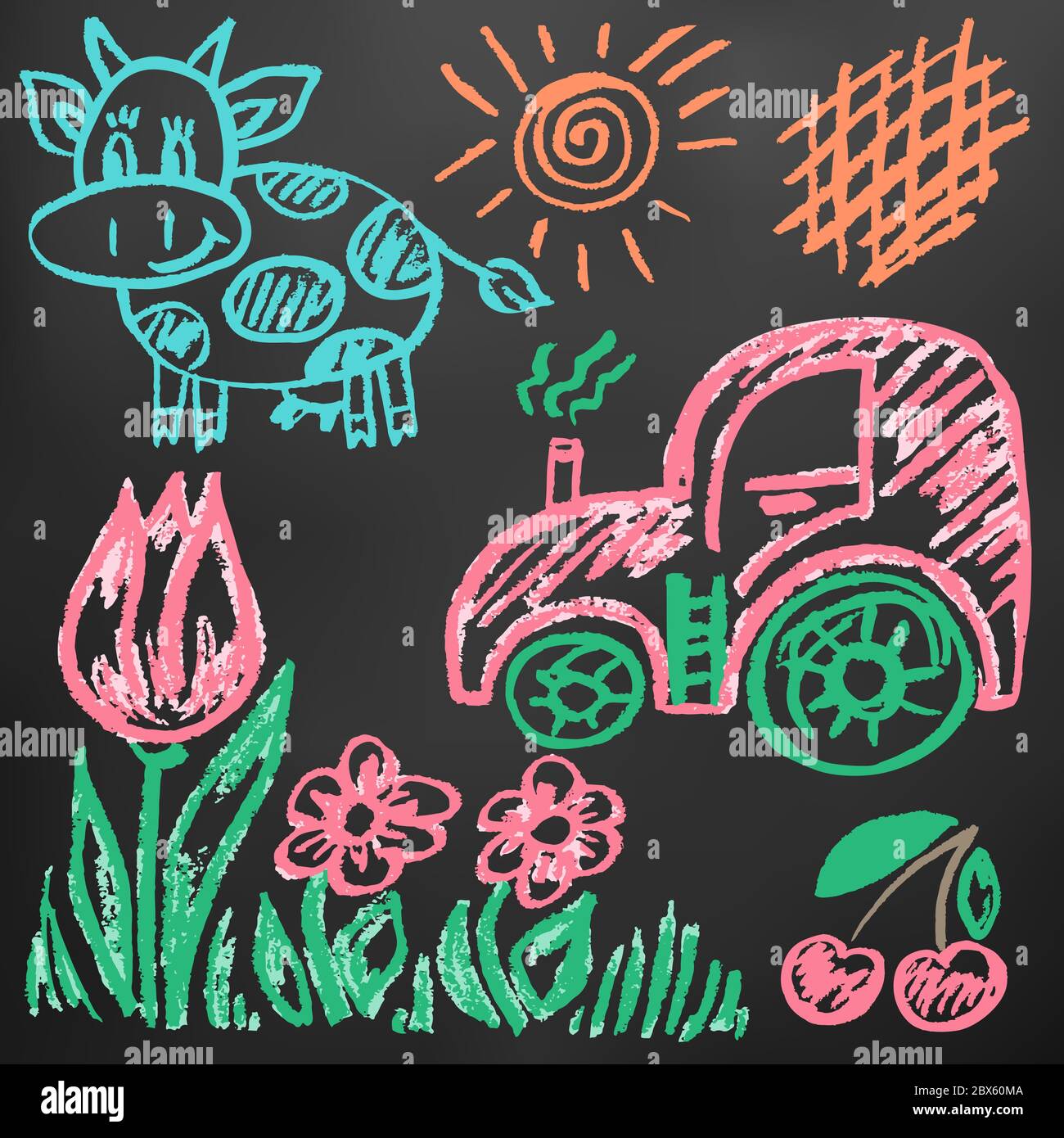 Disegno carino dei bambini. Pastelli di cera colorati su sfondo nero ...