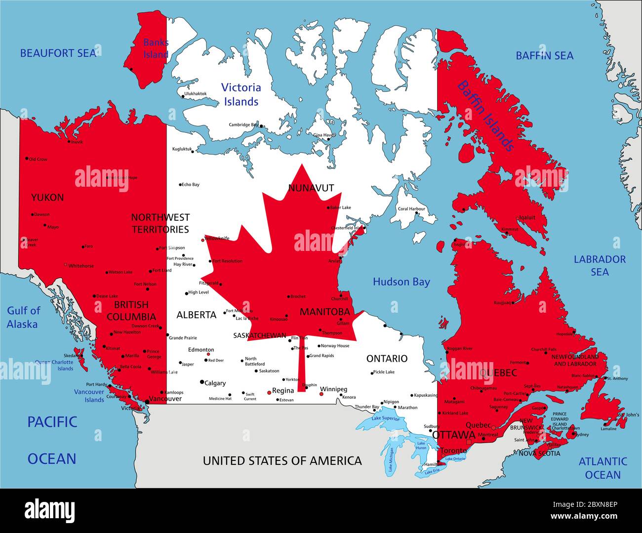Canada Mappa politica molto dettagliata con bandiera nazionale isolata ...