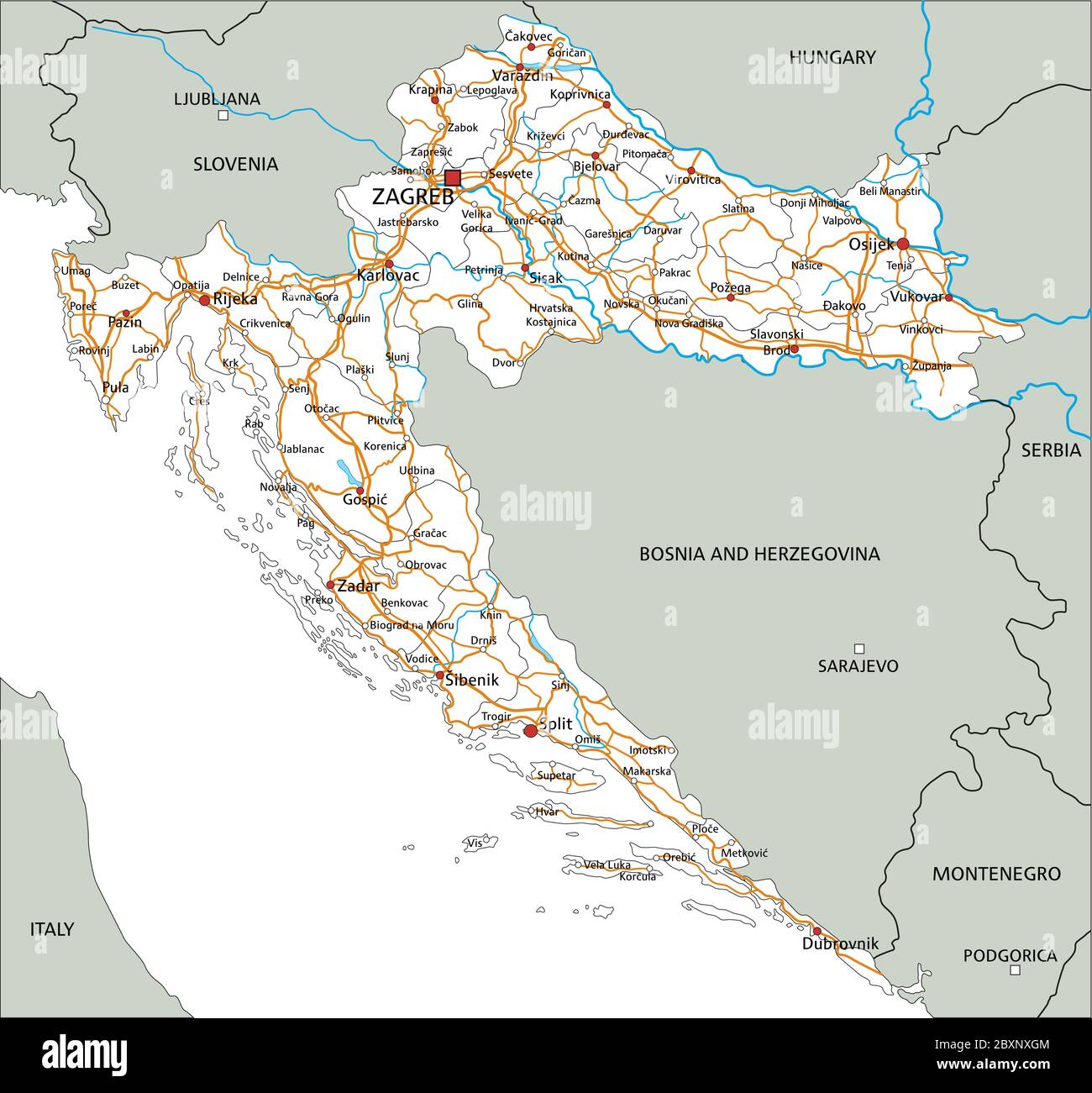 Mappa stradale dettagliata della Croazia con etichettatura Immagine e ...