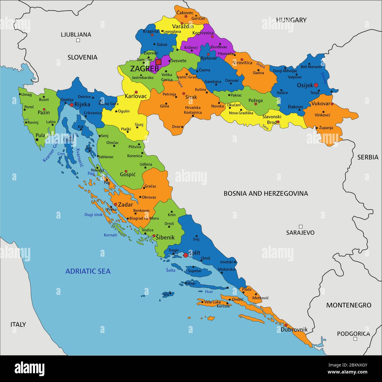 Mappa politica della Croazia colorata con strati chiaramente ...