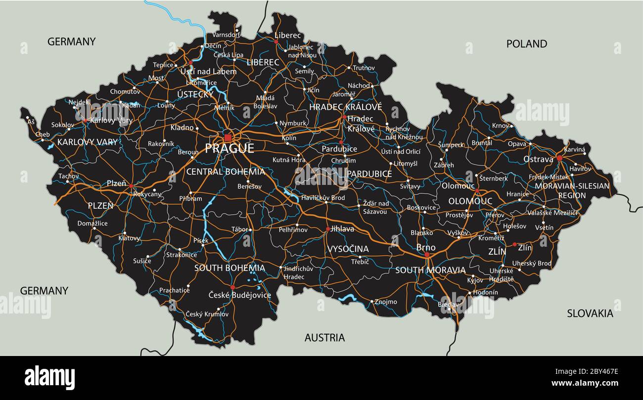 Mappa stradale dettagliata della Repubblica Ceca con etichettatura ...