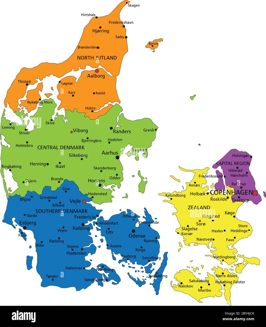 Mappa politica della Danimarca colorata con strati separati chiaramente ...