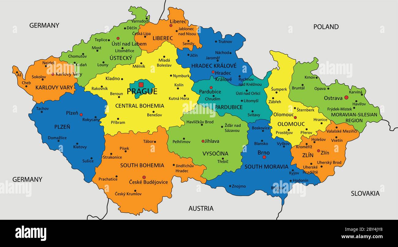 Mappa politica colorata della Repubblica Ceca con strati chiaramente ...