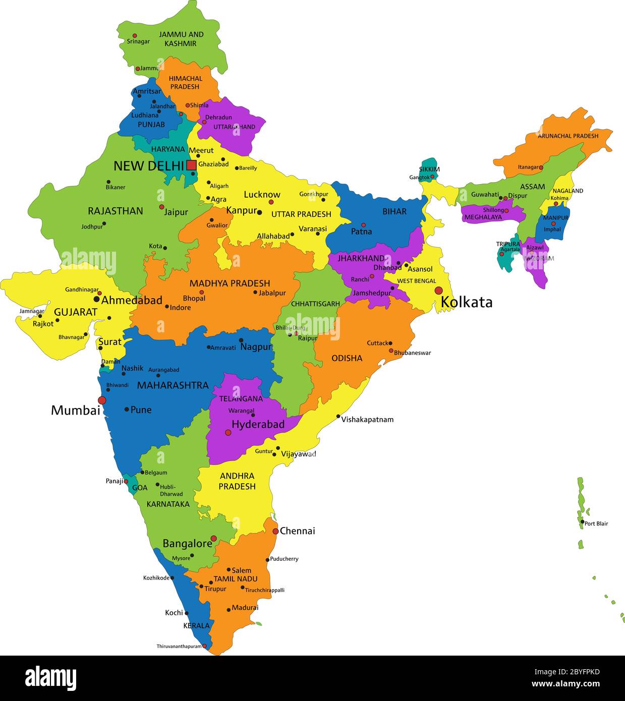 Mappa politica colorata dell'India con strati chiaramente etichettati e ...