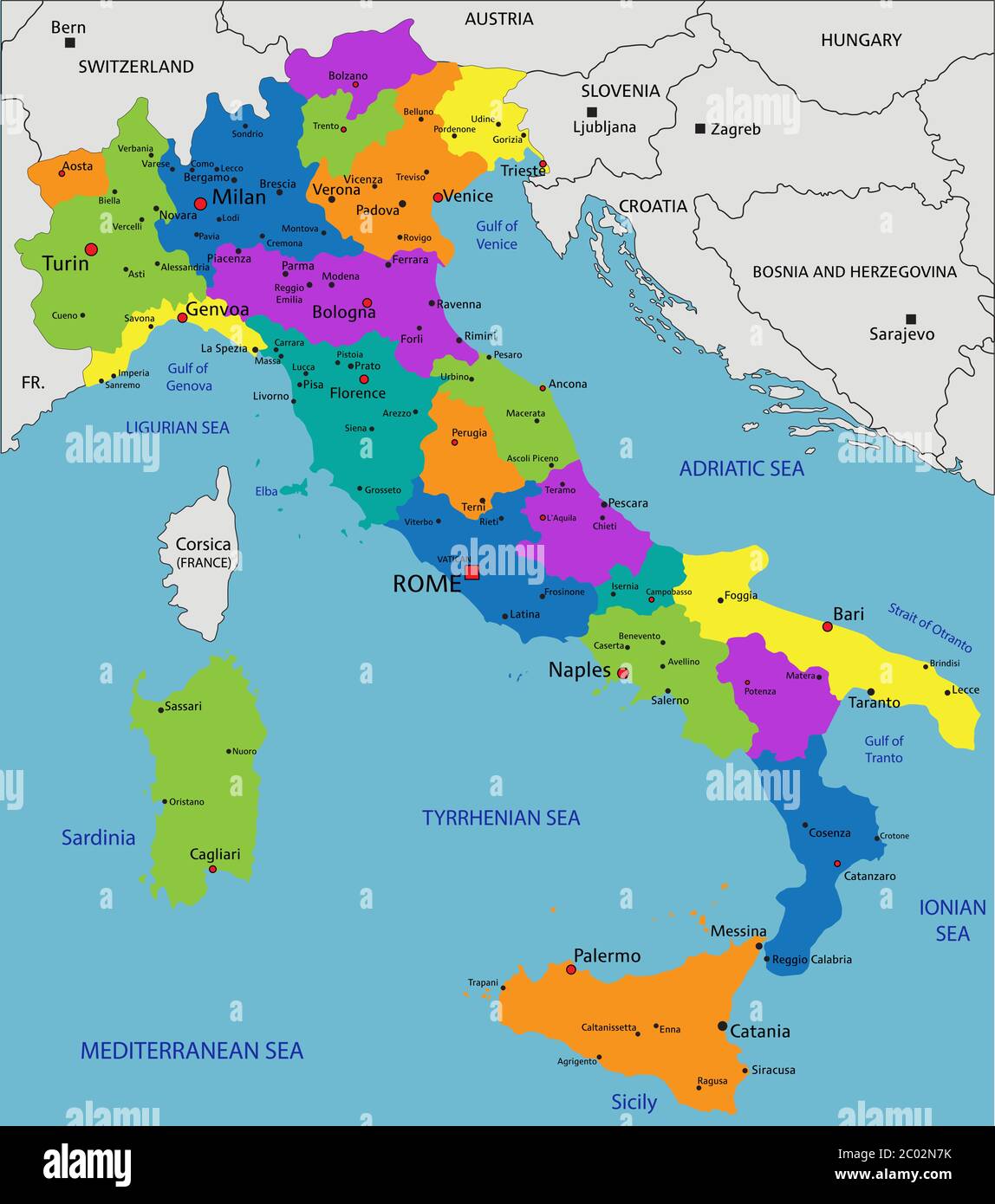 Mappa politica italiana colorata con strati chiaramente etichettati e ...