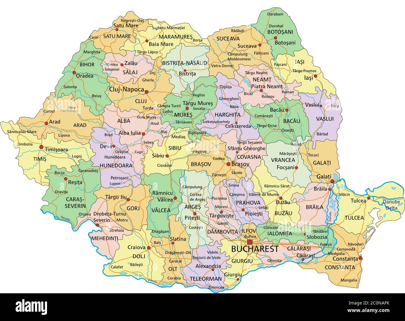 Romania - Mappa politica modificabile e molto dettagliata con ...