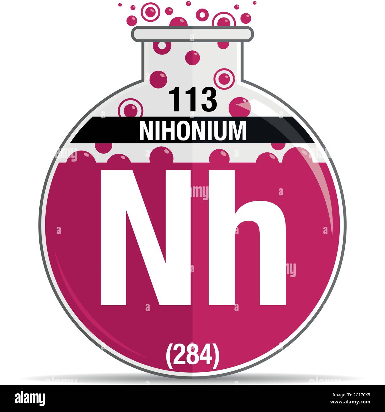 Simbolo Nihonium su matraccio rotondo chimico. Elemento numero 113 ...