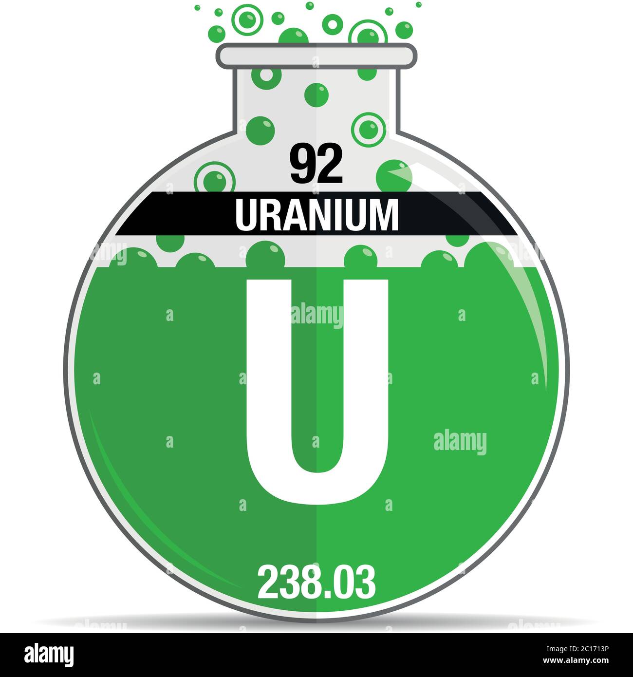 Simbolo dell'uranio su pallone chimico rotondo. Elemento numero 92 ...