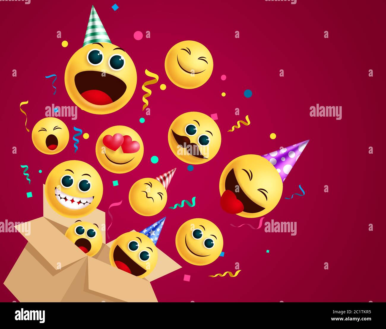 Concetto di vettore sorpresivo di compleanno di emoji di smiley. Emoji ...