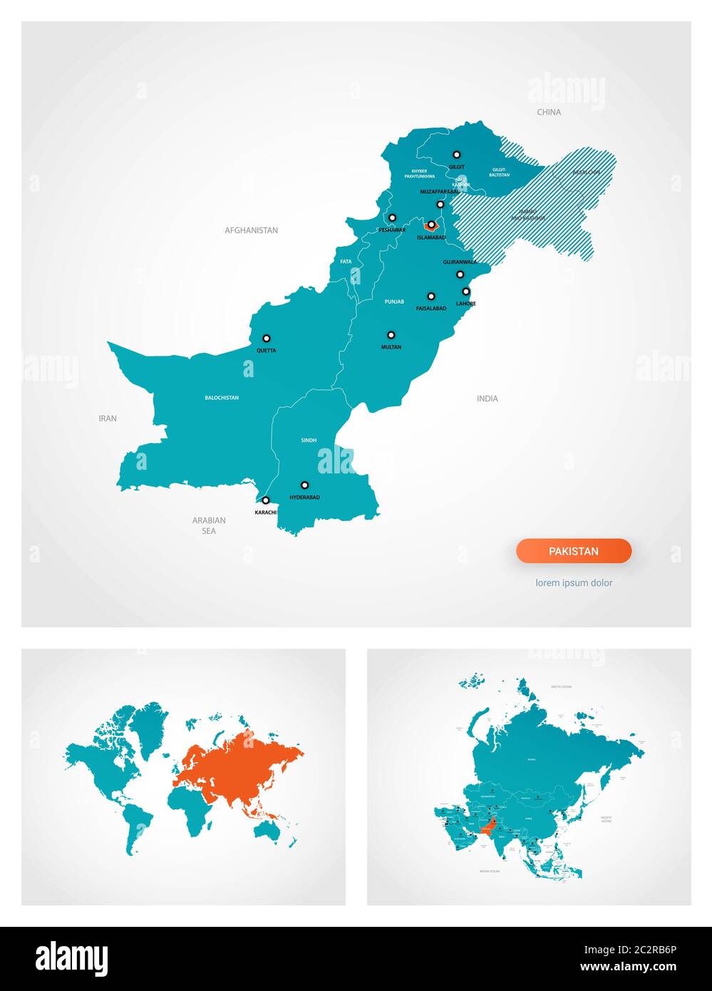 Modello modificabile di mappa del Pakistan con segni. Pakistan sulla ...