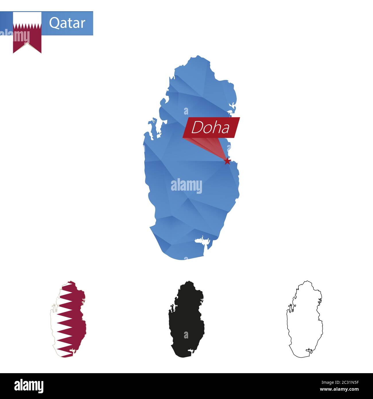 Mappa Qatar Blue Low Poly con Doha capitale, versioni con bandiera ...