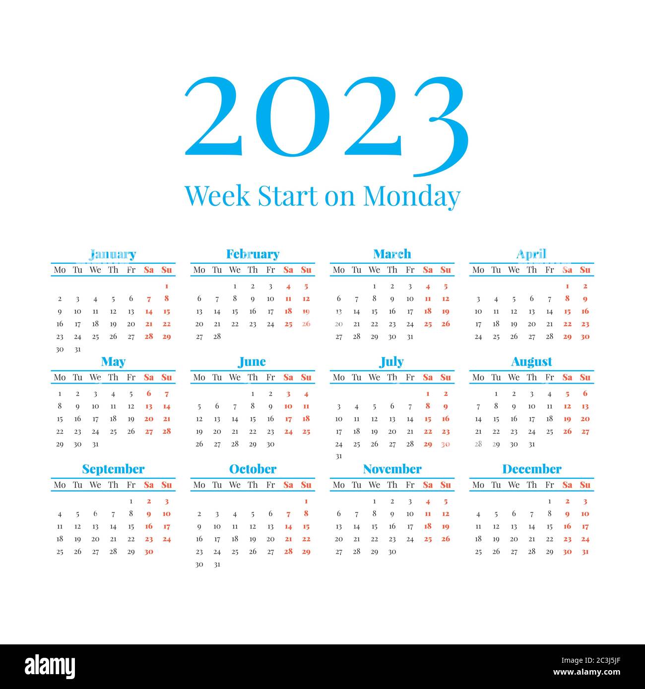2023 Calendario con le settimane inizia lunedì Immagine e Vettoriale ...