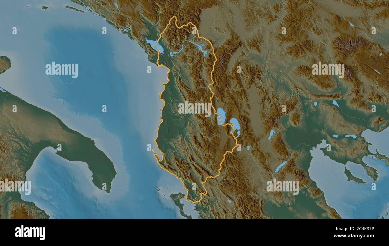 Profilo della zona albanese. Mappa topografica dei rilievi con acque ...