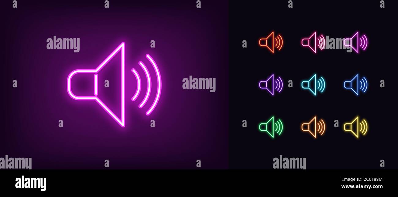 Icona altoparlante al neon. Segnale acustico al neon brillante, set di ...