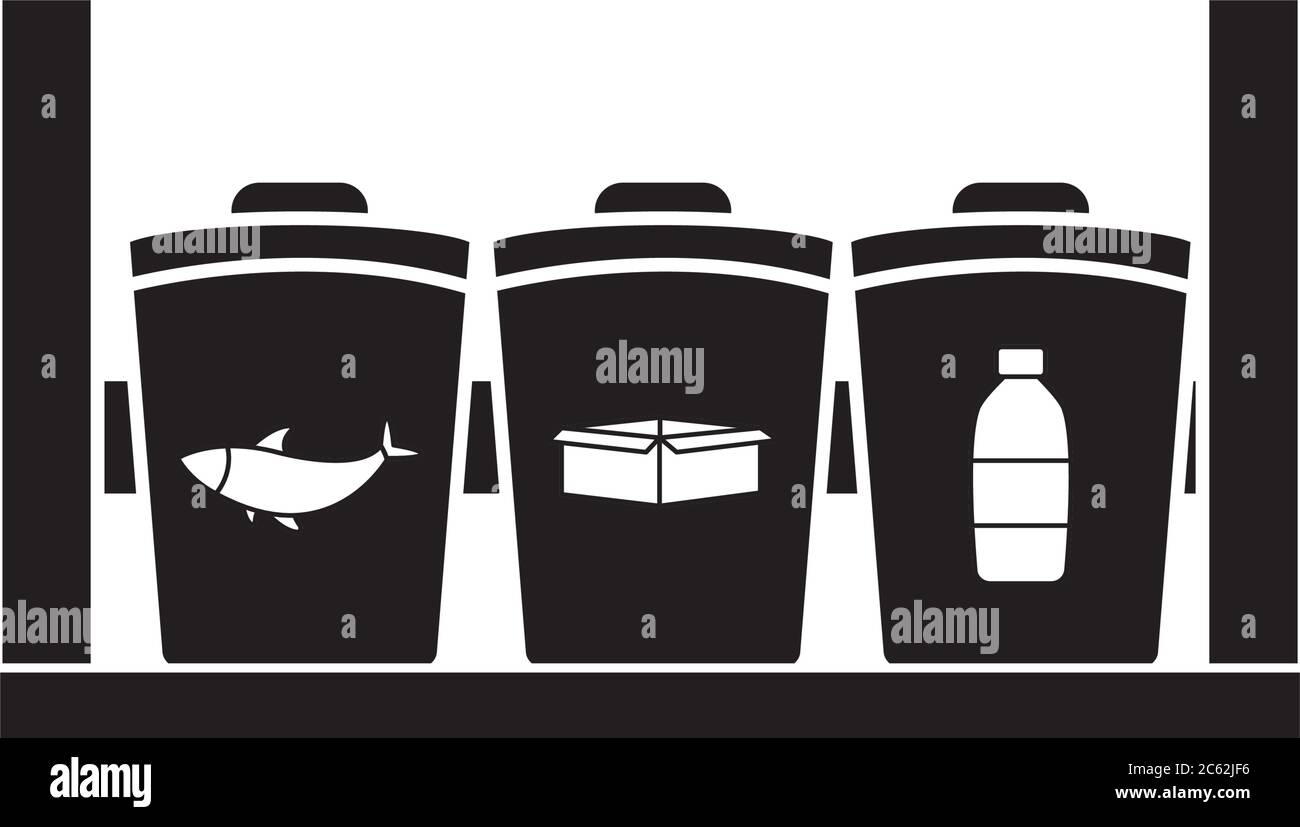 scaffale con lattine con simboli di riciclaggio dei rifiuti su sfondo ...