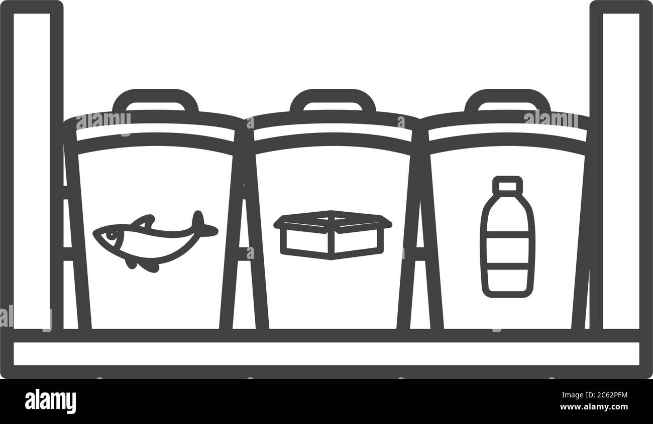 scaffale con lattine con simboli di riciclaggio dei rifiuti su sfondo ...