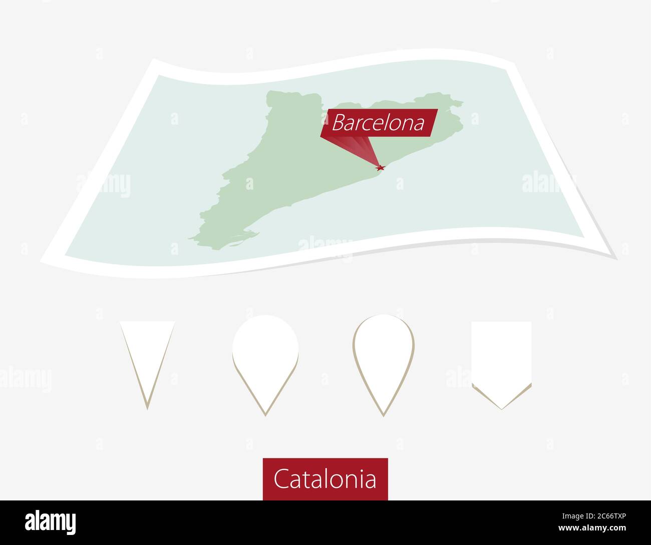 Mappa curva della Catalogna con la capitale Barcellona su sfondo grigio ...