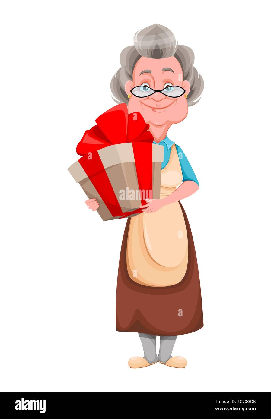 Buon giorno dei nonni. Gentile Granny con grande scatola del regalo ...