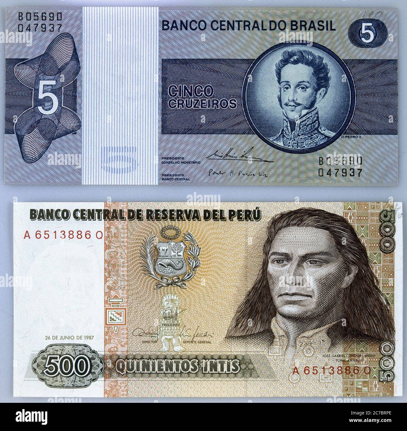 BILLETES EN USO DE QUINIENTOS INTIS PERUANOS Y DE CINCO CRUZEIROS ...