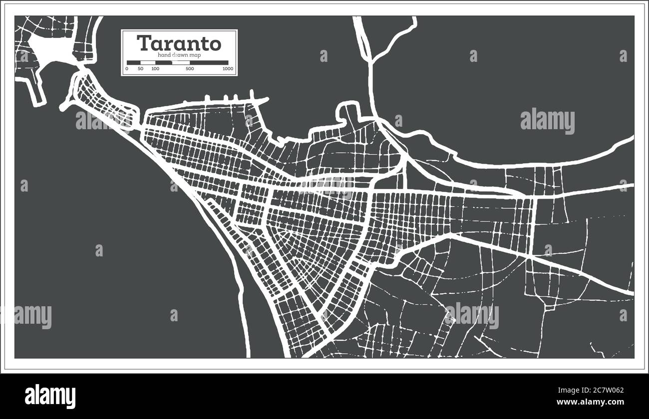 Taranto Mappa della città in bianco e nero in stile retro. Mappa di ...