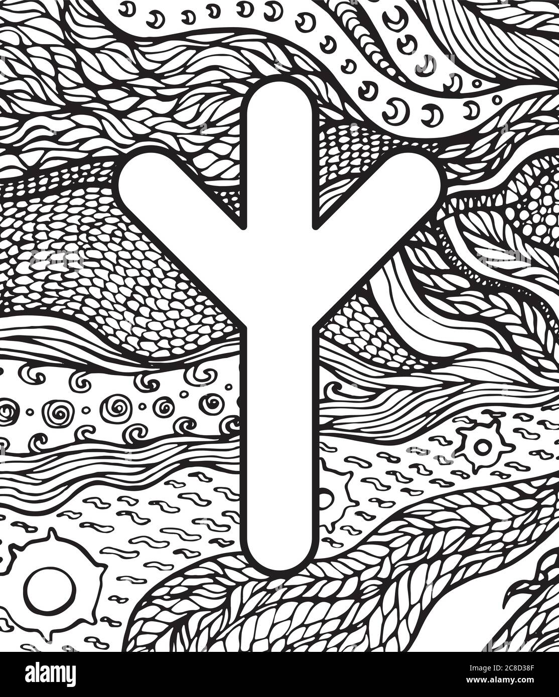 Antica runa scandinavica aelghiz con sfondo ornamentale doodle. Pagina ...