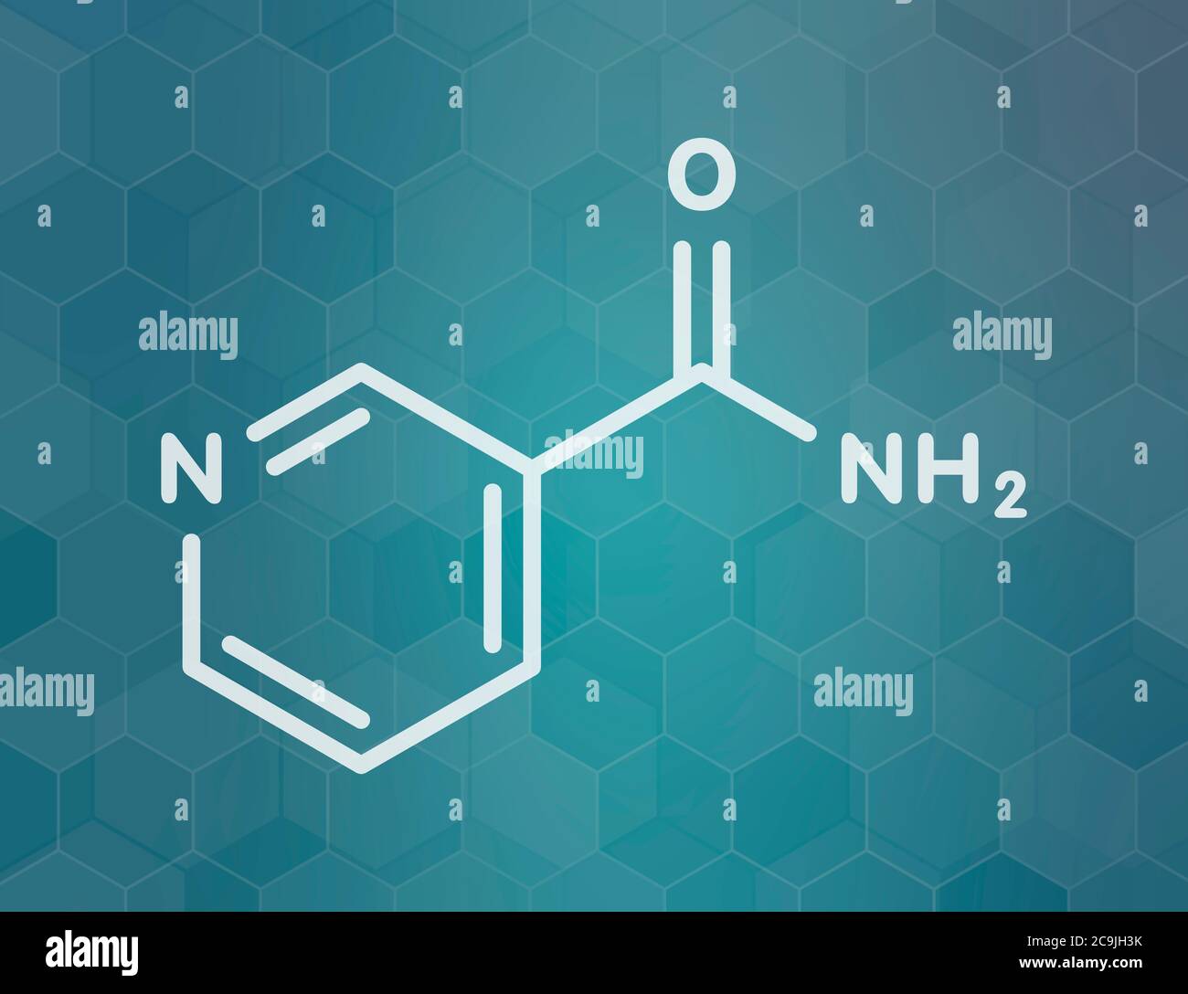 Nicotinamide farmaco e molecola di vitamina. Formula scheletrica bianca ...