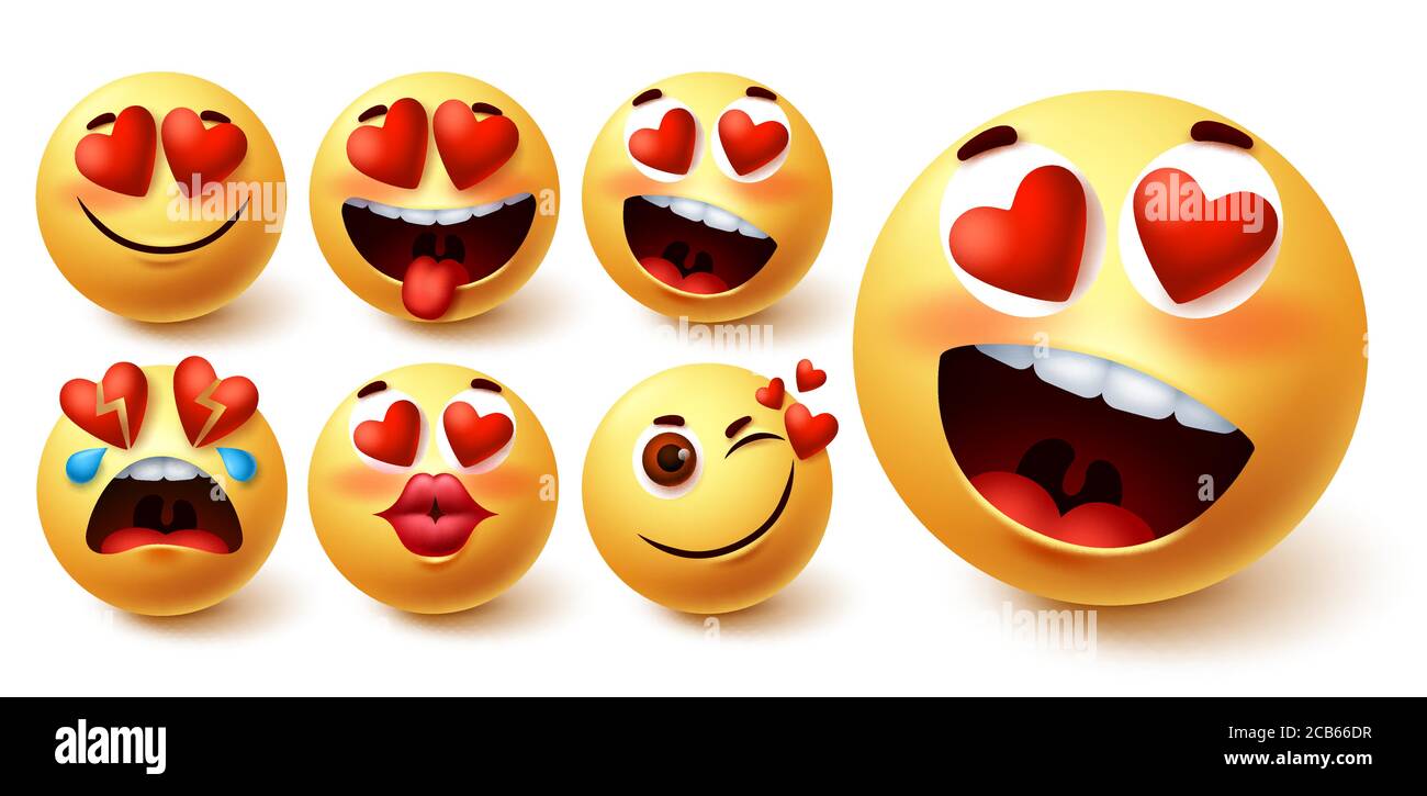 Set di vettori di valentine emoji. Emojis smiley viso giallo negli ...