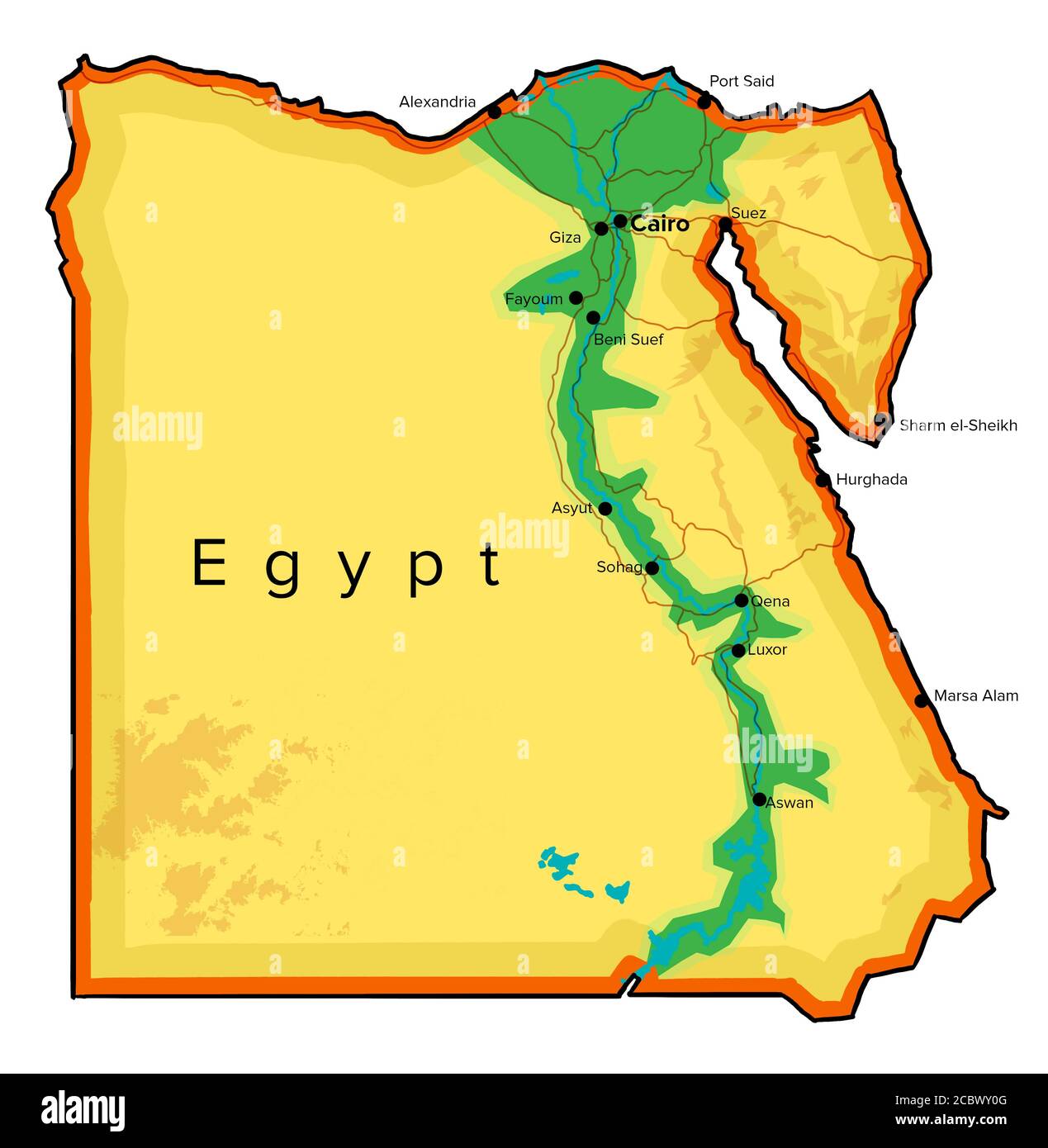 Egitto mappa, fiumi, strade e città. Mappa disegnata a mano ...