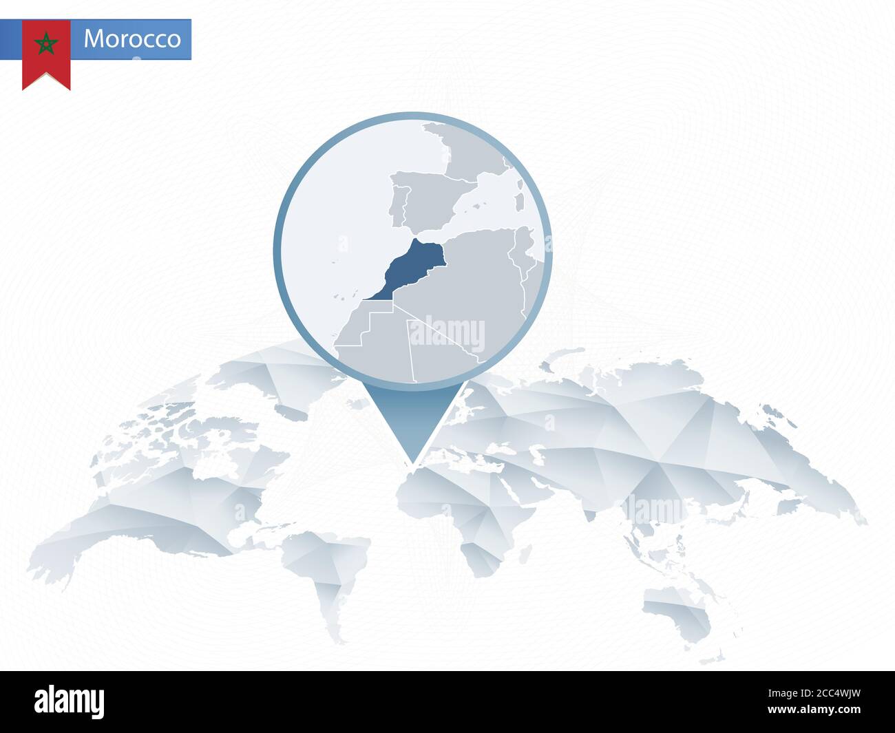 Mappa del mondo arrotondata astratta con mappa dettagliata del Marocco. Mappa e bandiera del ...