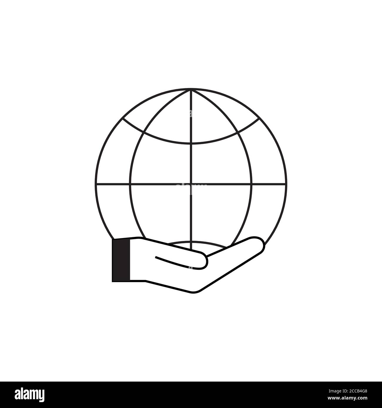 Il pianeta del mondo sul vettore di icona della mano. Simbolo del globo ...