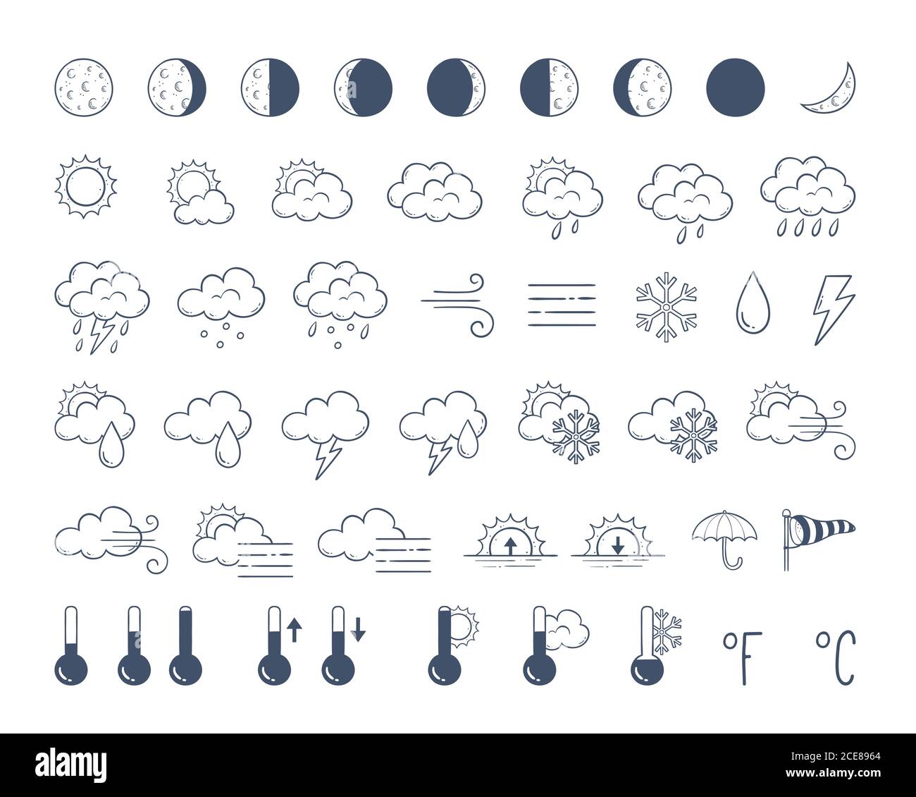 Pacchetto icone meteo. Doodle icone. Elementi di progettazione delle ...