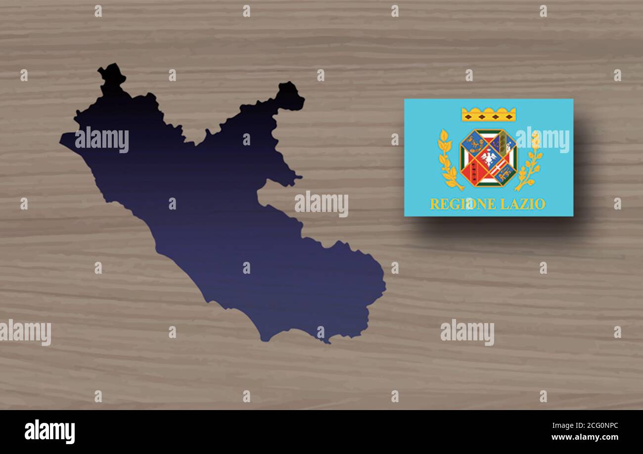 Mappa e bandiera del Lazio, regione Italia, su sfondo ligneo ...