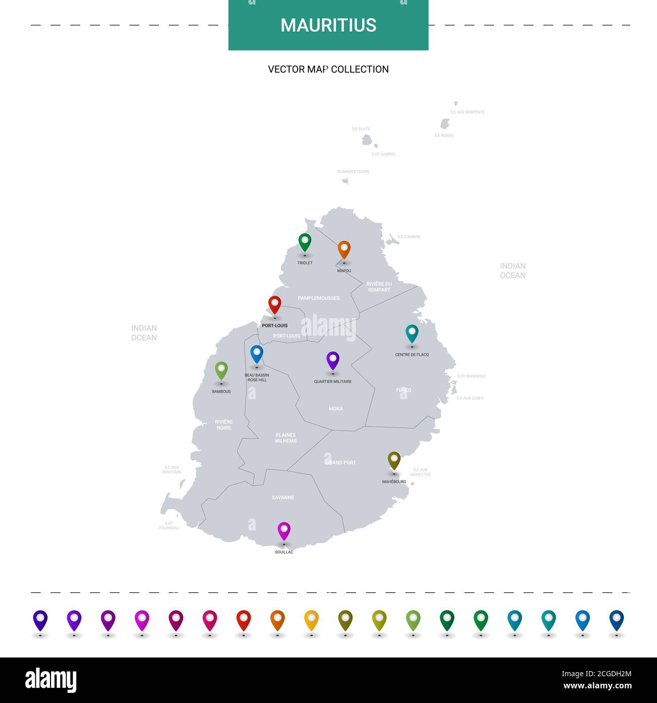 Mappa di Mauritius con indicatori di posizione. Modello vettoriale ...