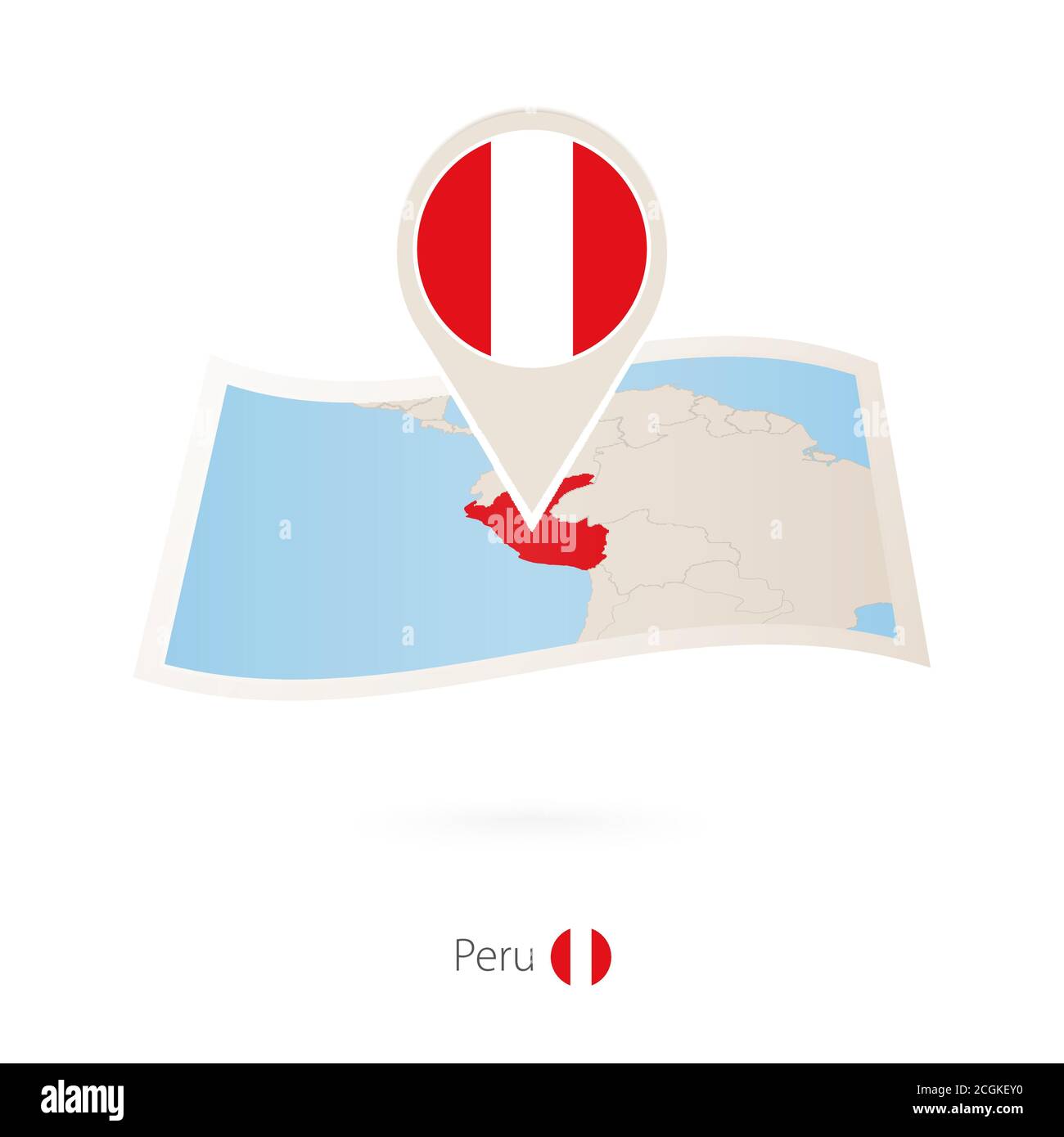 Carta piegata mappa del Perù con bandiera pin del Perù. Illustrazione ...