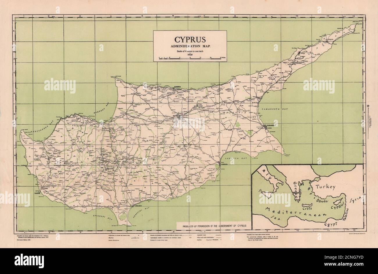 Mappa amministrativa di Cipro. Mappa d'epoca di F.J. Salmone 1946 ...