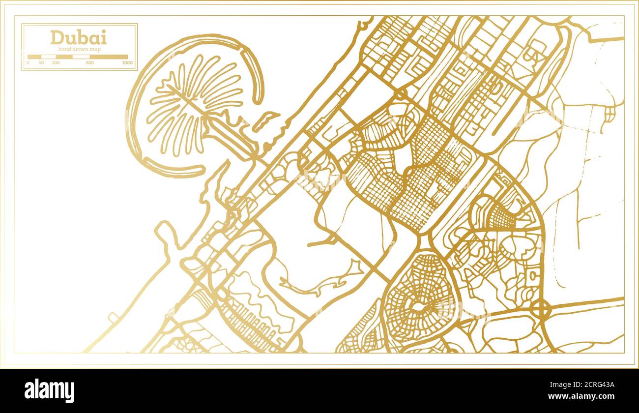 Dubai UAE Mappa della città in stile retro in colore dorato. Mappa di ...