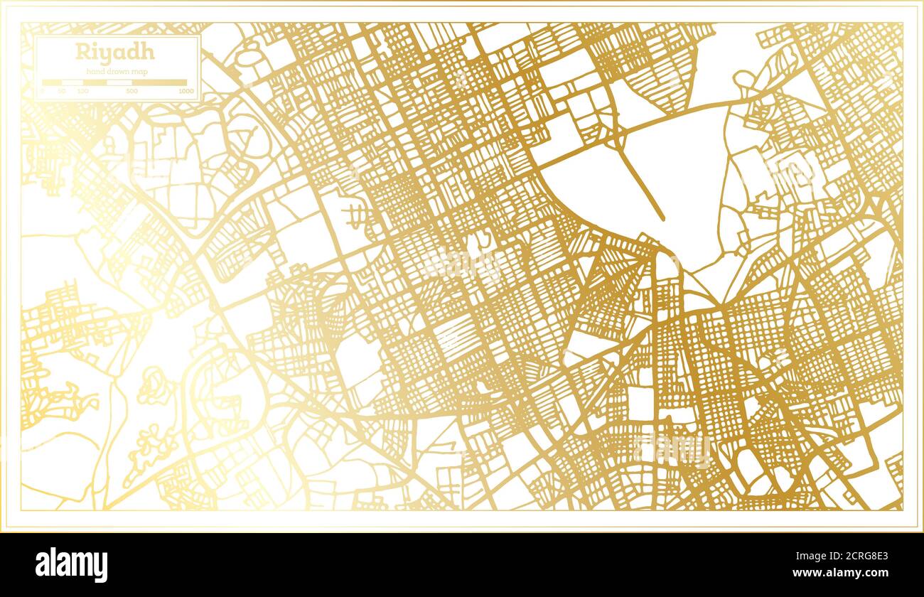 Riyadh Saudi Arabia Mappa della città in stile retro in colore dorato ...