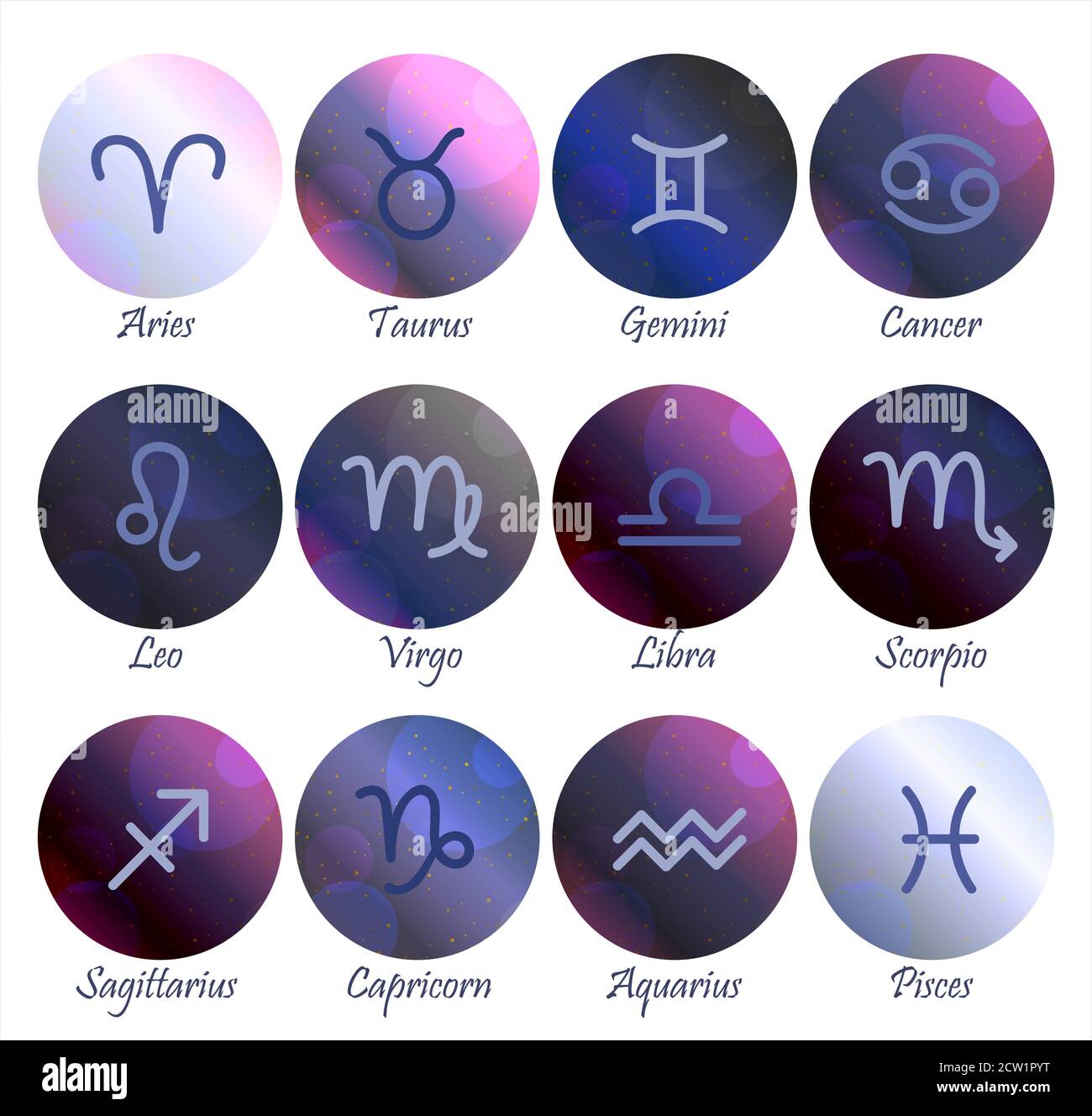 Costellazioni dell'oroscopo con simboli dei segni zodiacali su un gradiente cielo stellato viola ...