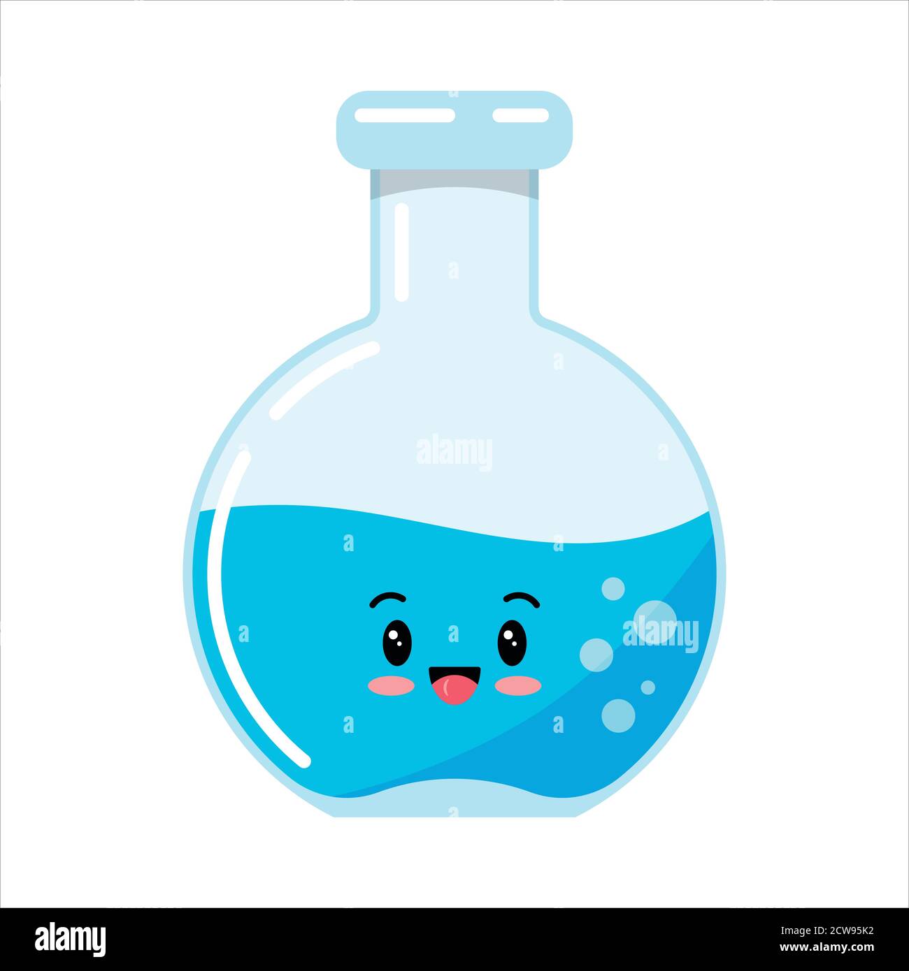 Provetta in vetro o icona flack emoji con reagenti liquidi blu con ...