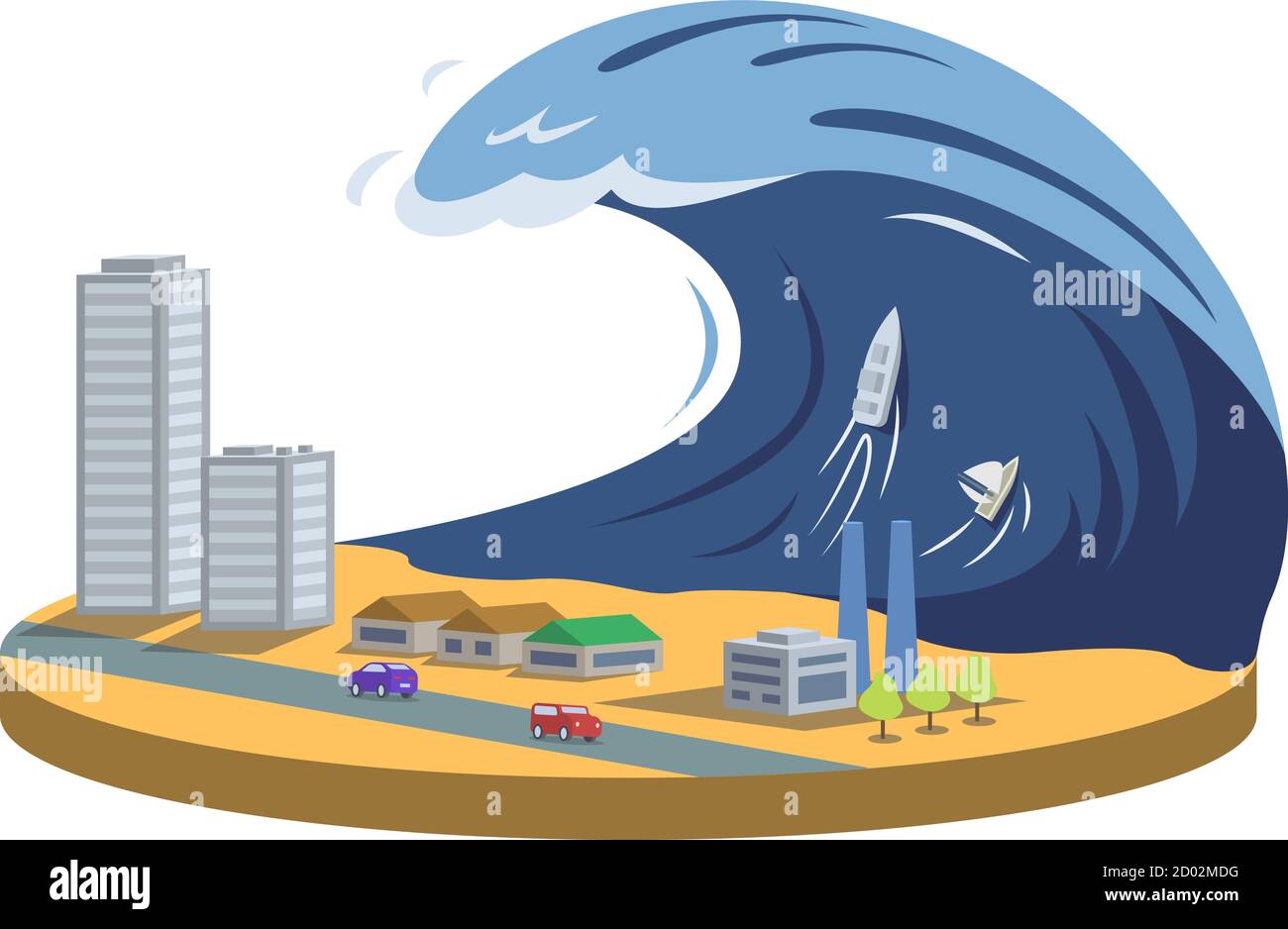 Illustrazione vettoriale di Typhoon Cartoon. Tsunami. Città coperta da ...