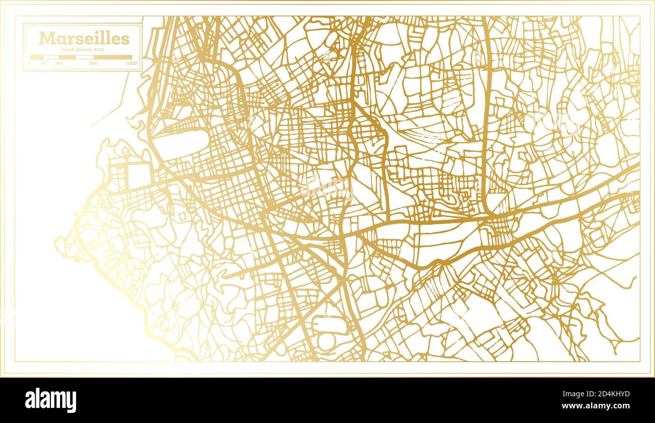 Marsiglia Francia Mappa della città in stile retro in colore dorato ...