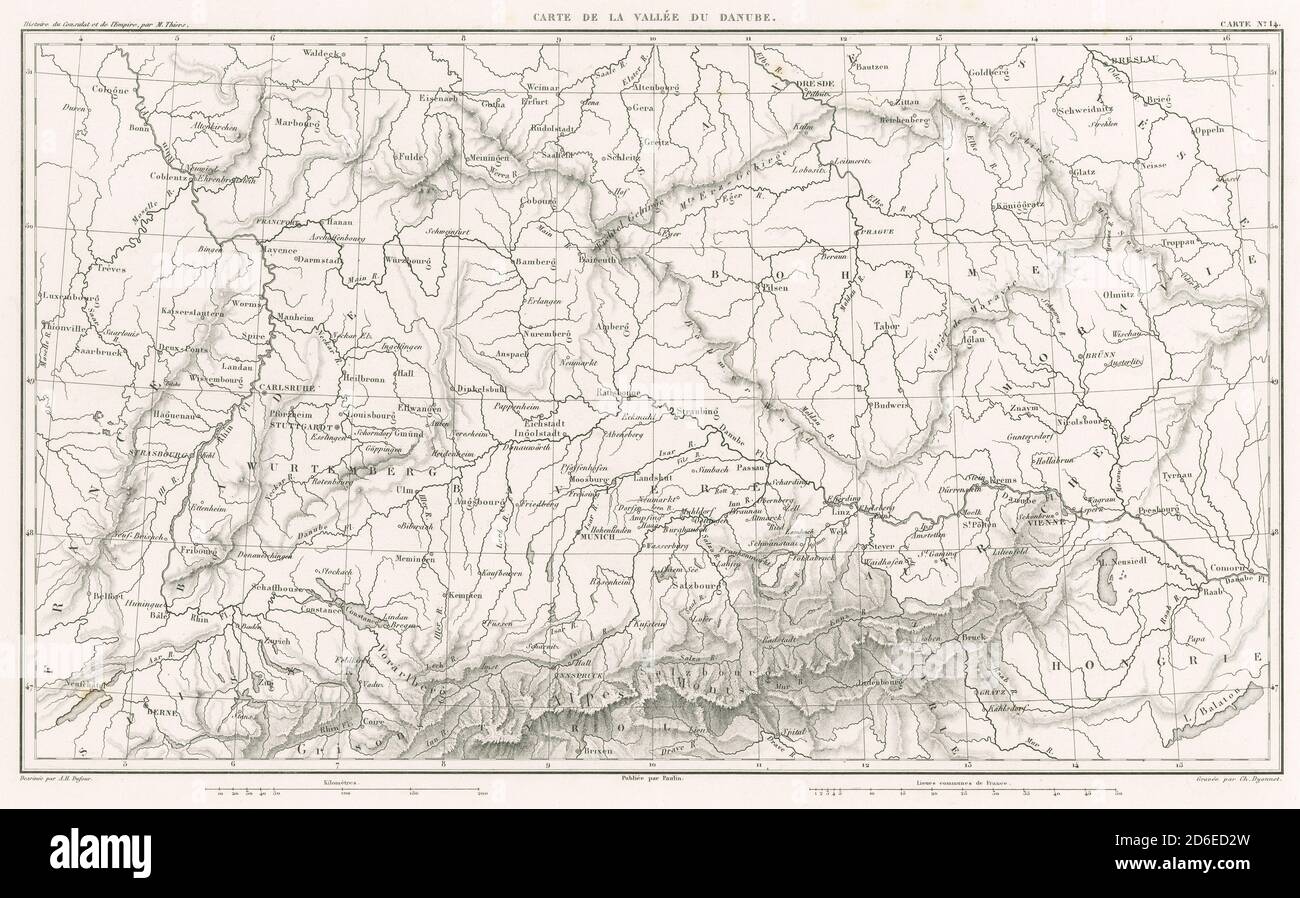 Antica mappa francese incisa nel 1859, carte de la Vallée du Danube ...