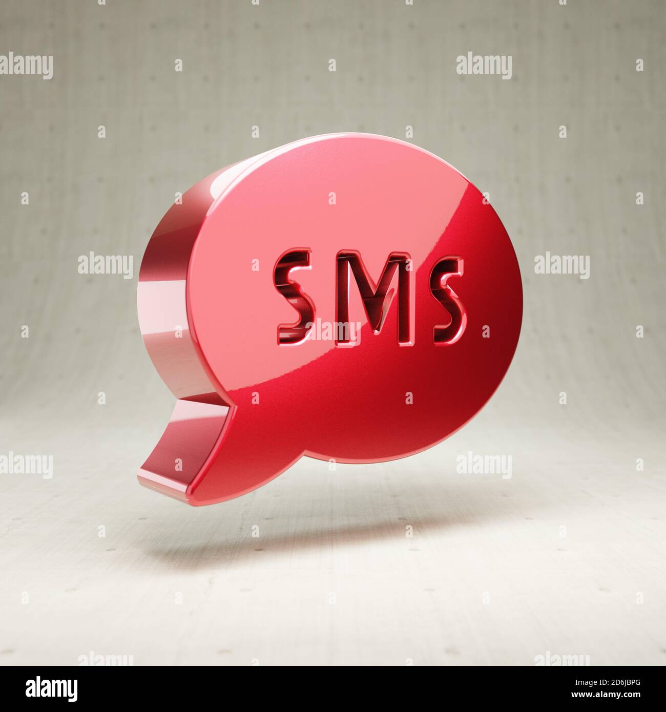 Icona SMS. Simbolo SMS lucido oro isolato su fondo bianco in cemento ...