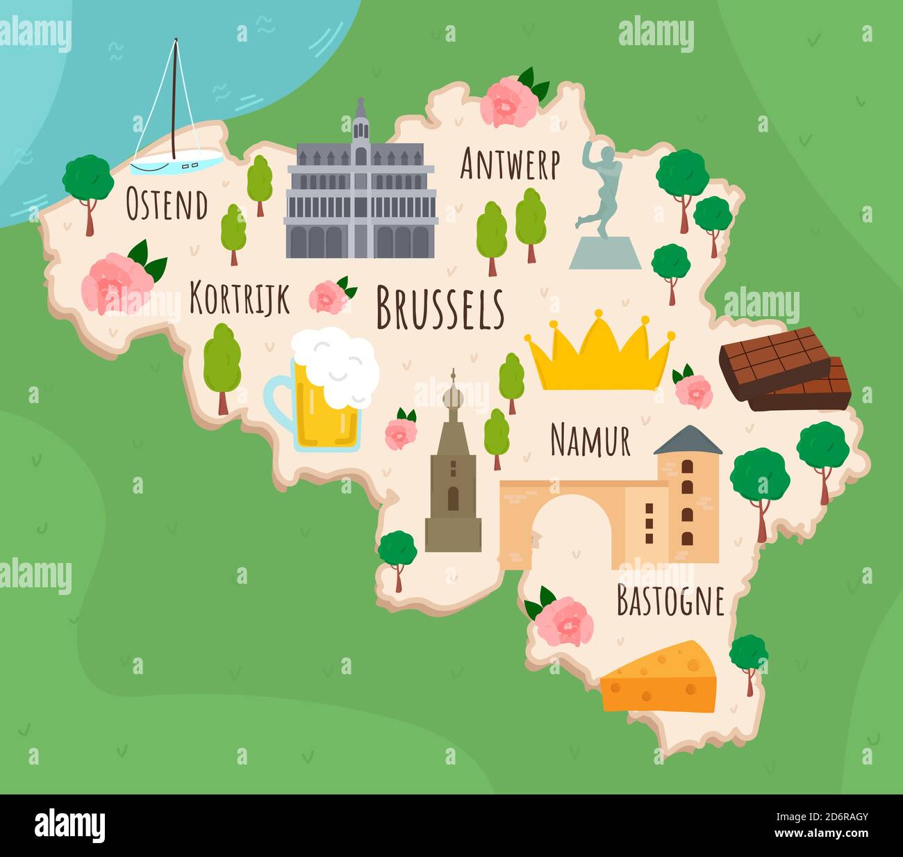 Cartoni animati del Belgio. Illustrazione del viaggio con monumenti ...